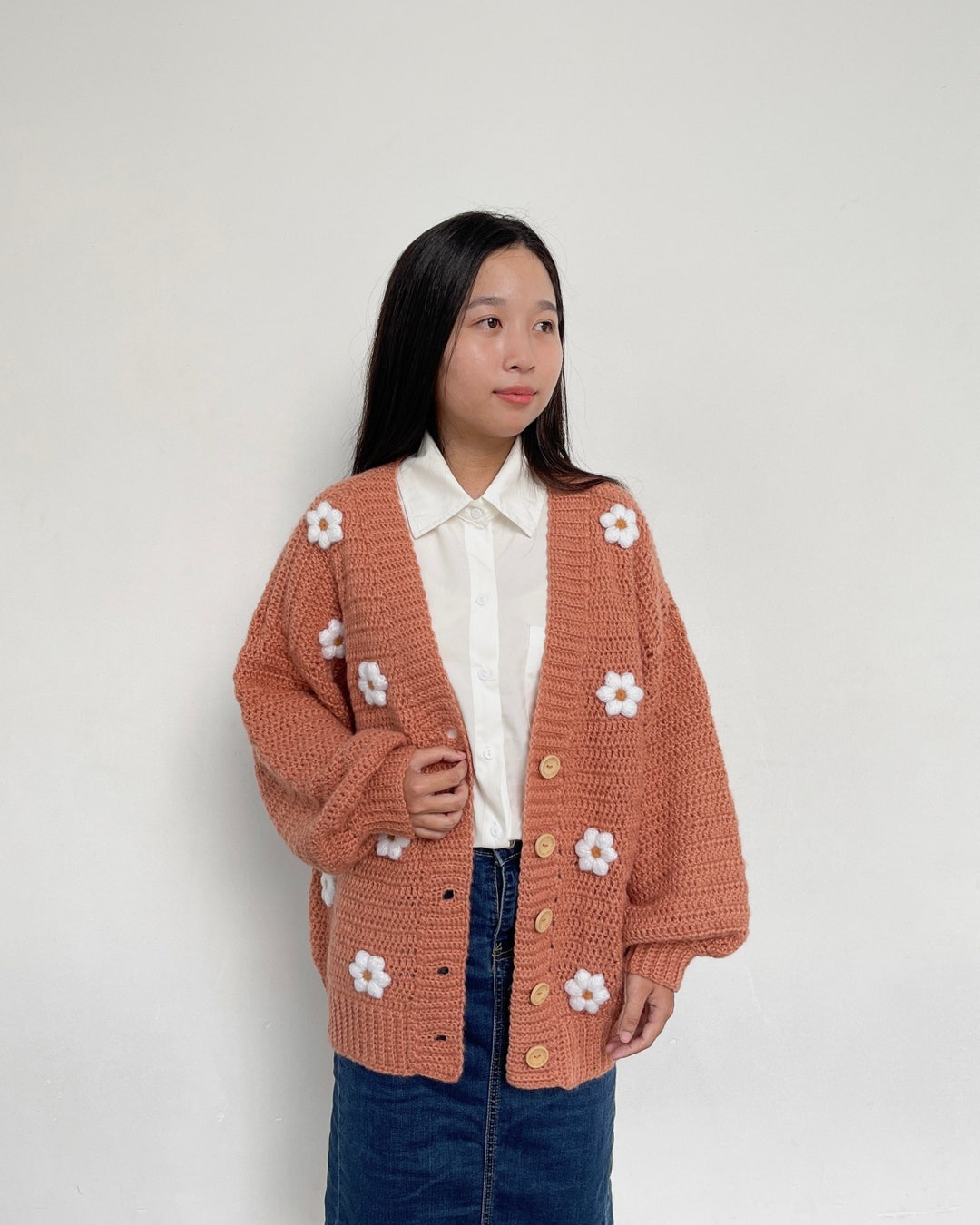 Fuzzy Crochet Puff Flower Cardigan Oversized, Cute Crochet Puff Flower ...