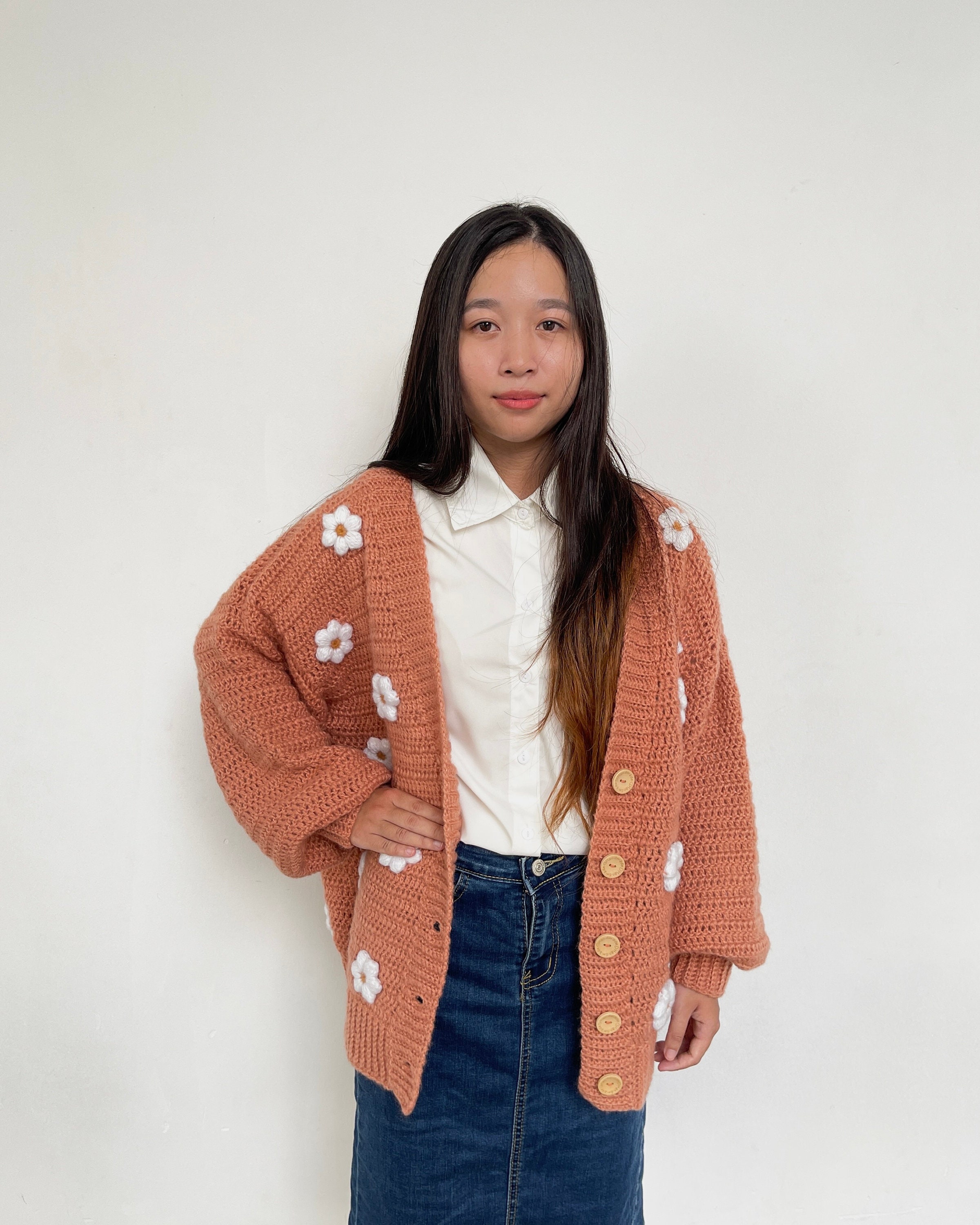 Fuzzy Crochet Puff Flower Cardigan Oversized, Cute Crochet Puff Flower ...