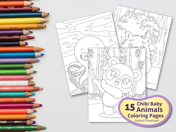 15 Printable Coloring Pages Cute Chibi Baby Animals to - Etsy