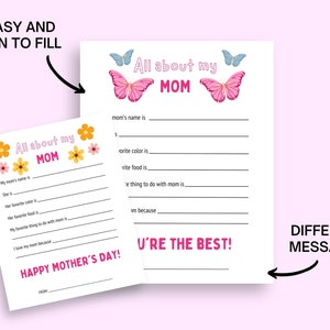 All About My Mom Fill in the Blank Printable, Mother's Day Gift, Mother ...