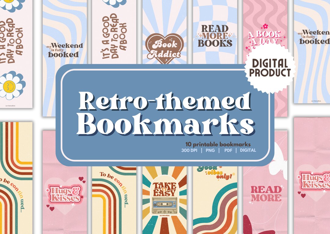 10 Retro-themed Bookmarks, Printable Bookmark Bundle, Girly Bookmarks ...