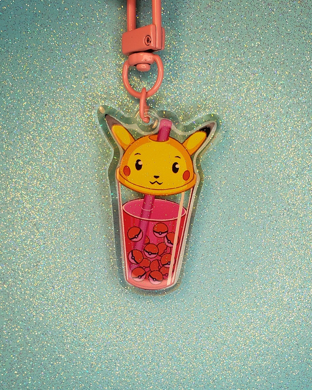 Pikachu Boba Keychain, Acrylic Glitter Keychain, Glitter Finish With ...