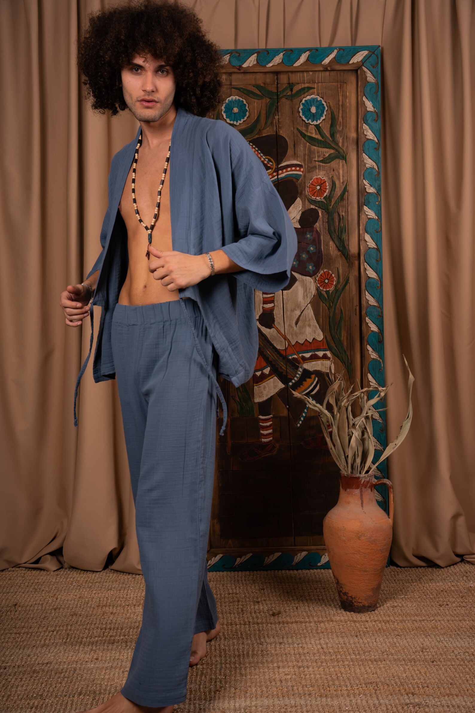 Blue Kimono for Men, Cotton Robe Pants Set, Japanese Traditional ...