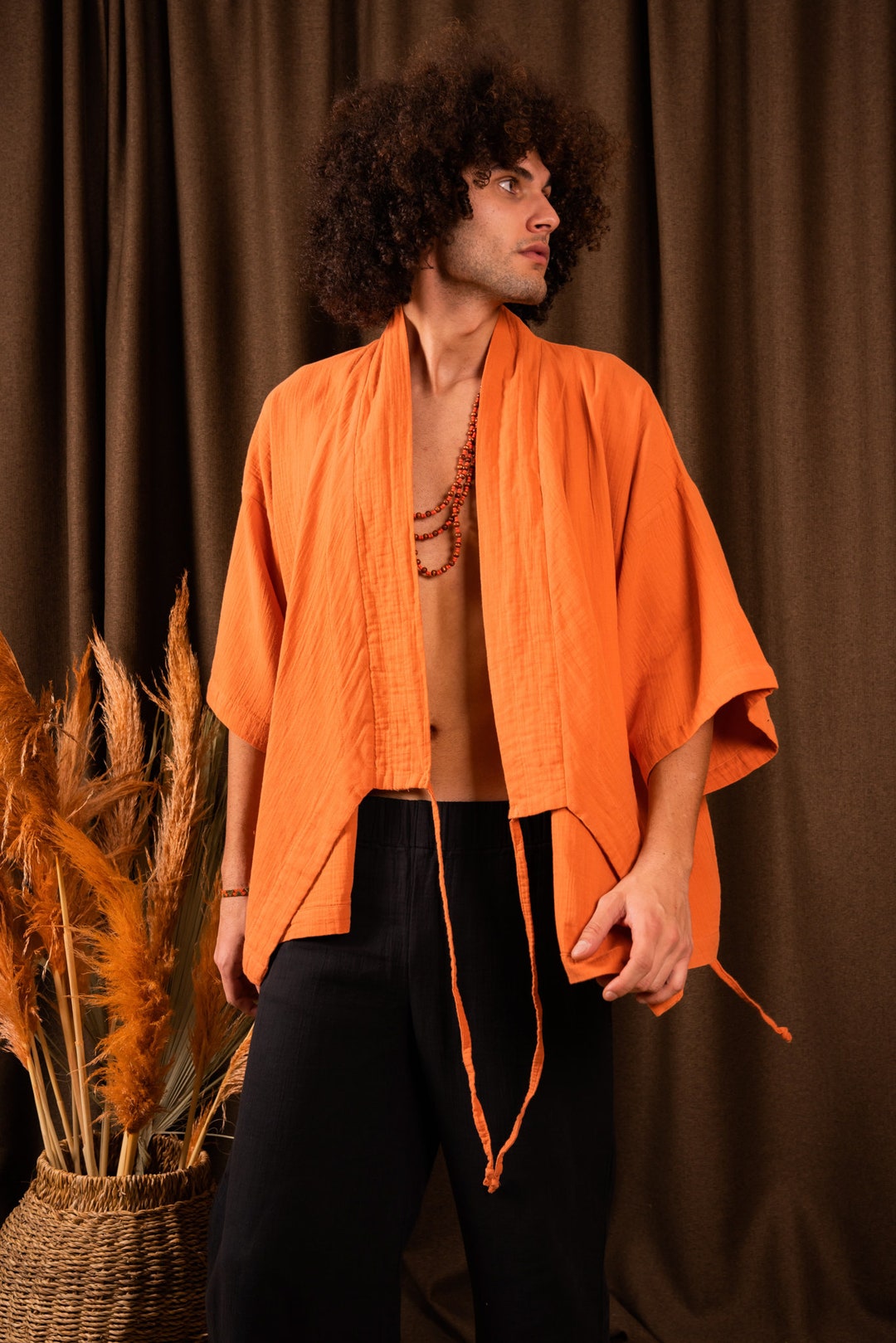 Orange Kimono for Men, Cotton Robe Pants Set, Japanese Traditional ...