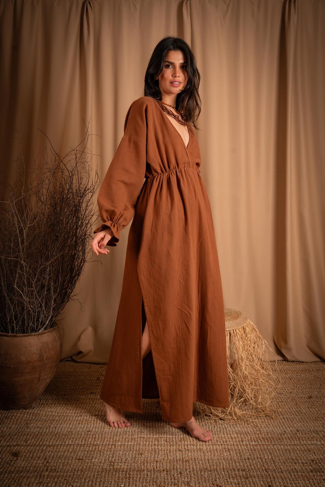 Brown Muslin Long Sleeve Bohemian Dress Organic Deep V Long - Etsy