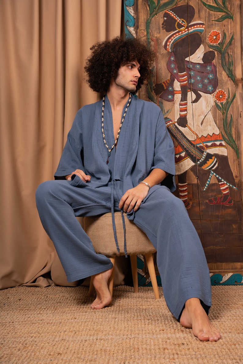 Blue Kimono for Men, Cotton Robe Pants Set, Japanese Traditional ...