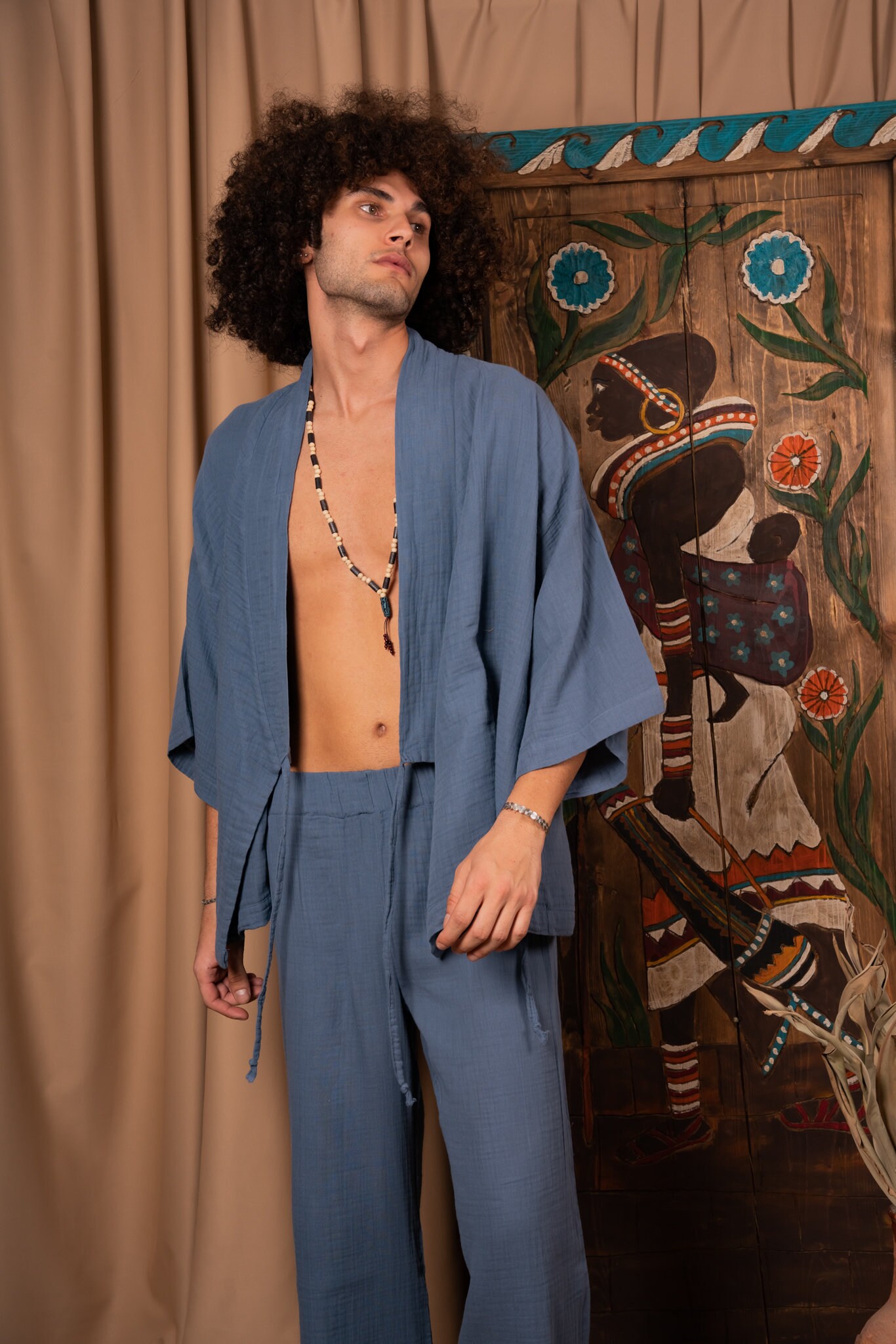 Blue Kimono for Men, Cotton Robe Pants Set, Japanese Traditional ...