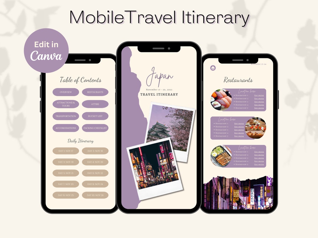 Mobile Travel Itinerary Template Customizable Travel Itinerary Editable ...