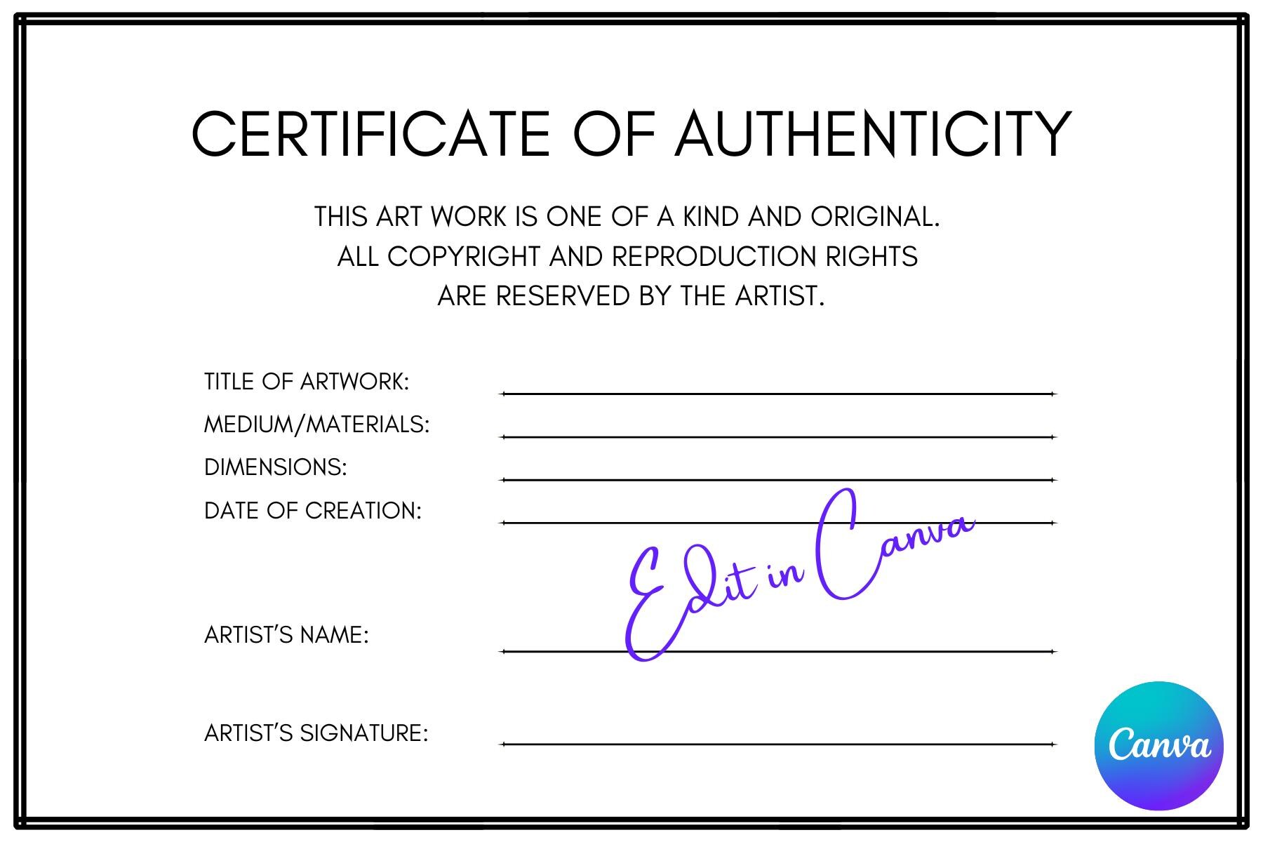 Certificate of Authenticity (coa), Digital Size 6in X 4in, Canva ...
