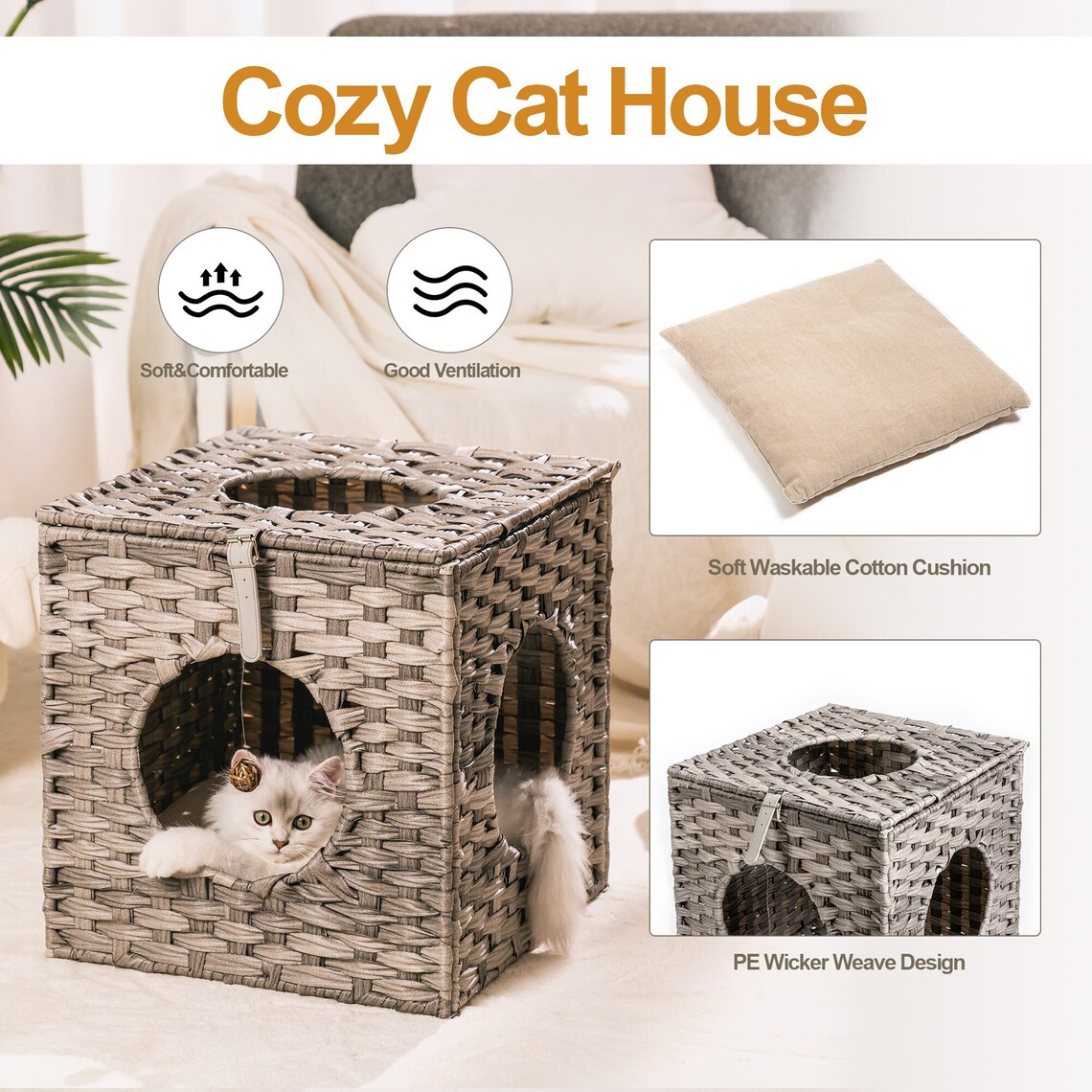 Cat House for Indoor Cats With Hand-woven Wicker Cat Bed Cozy - Etsy
