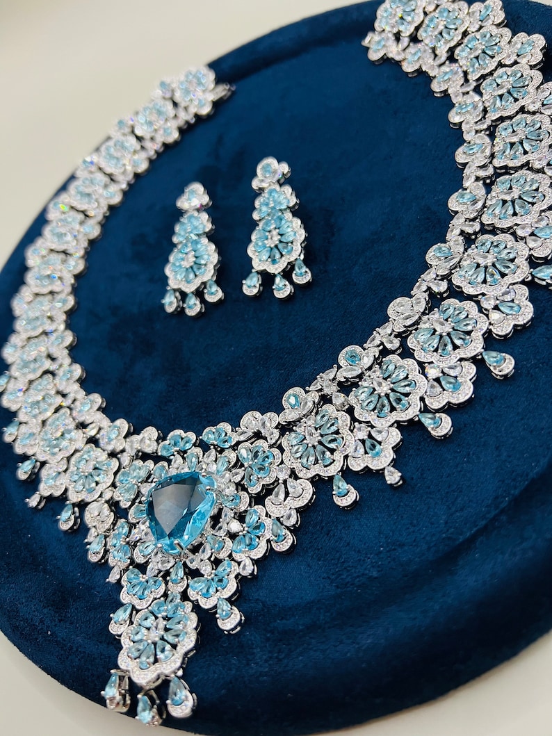 Celestial Blue Crystal Jewelry Set: Platinum Plated Brass Necklace and ...
