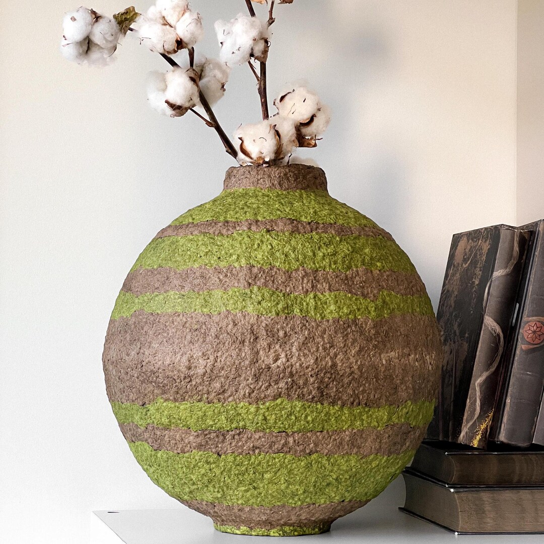 Chic Lime Green Rustic Vase Sustainable Paper Mache Sculpture Handmade ...