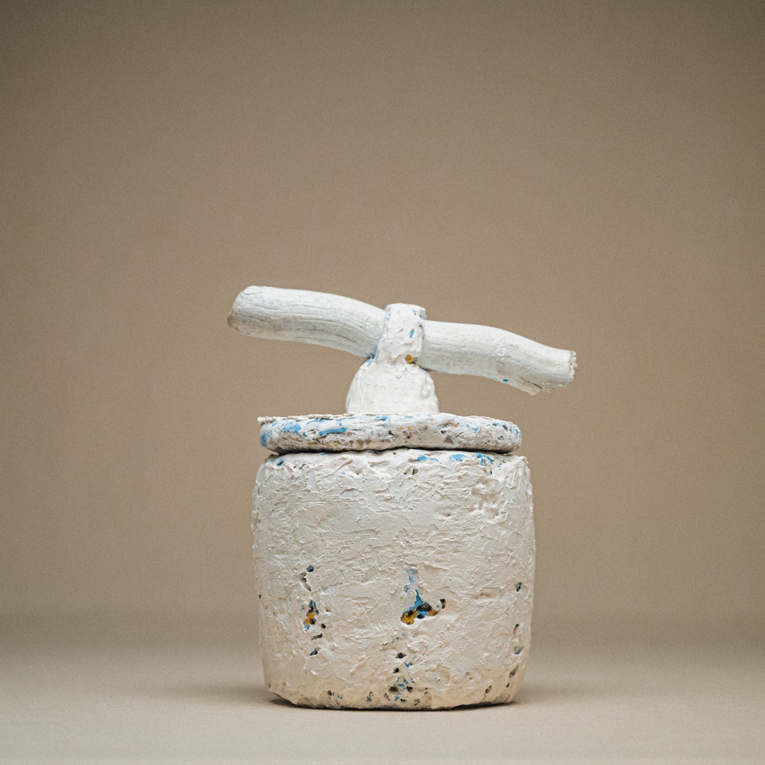 Boho Chic Handmade Paper Mache Jar With Lid - White and Blue Rustic ...