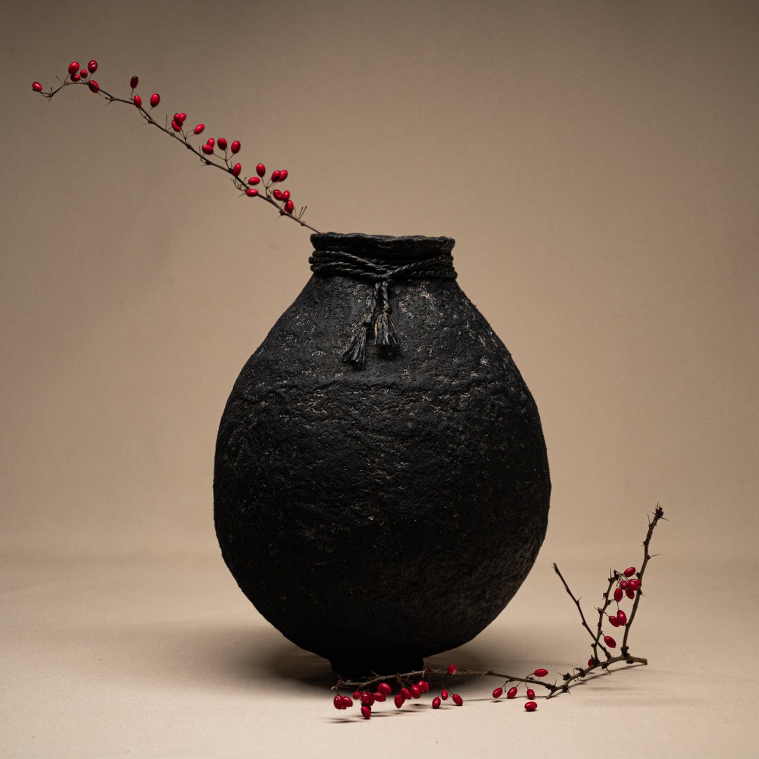 Handmade Black Paper Clay Vase: Contemporary Farmhouse Texture Vessel ...
