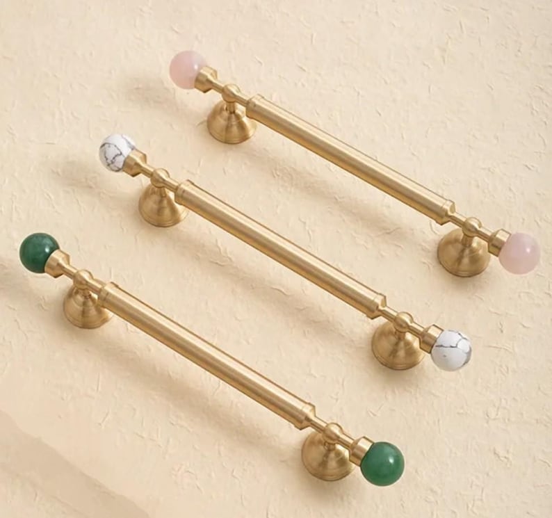 Geometric Green Jade and Brass Bar Handle/semi Precious Stone and Brass ...