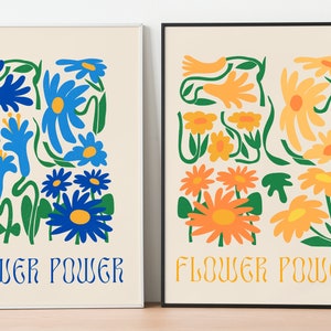 Blue and Orange Floral Posters, Set of 2 Printable Posters, Digital ...