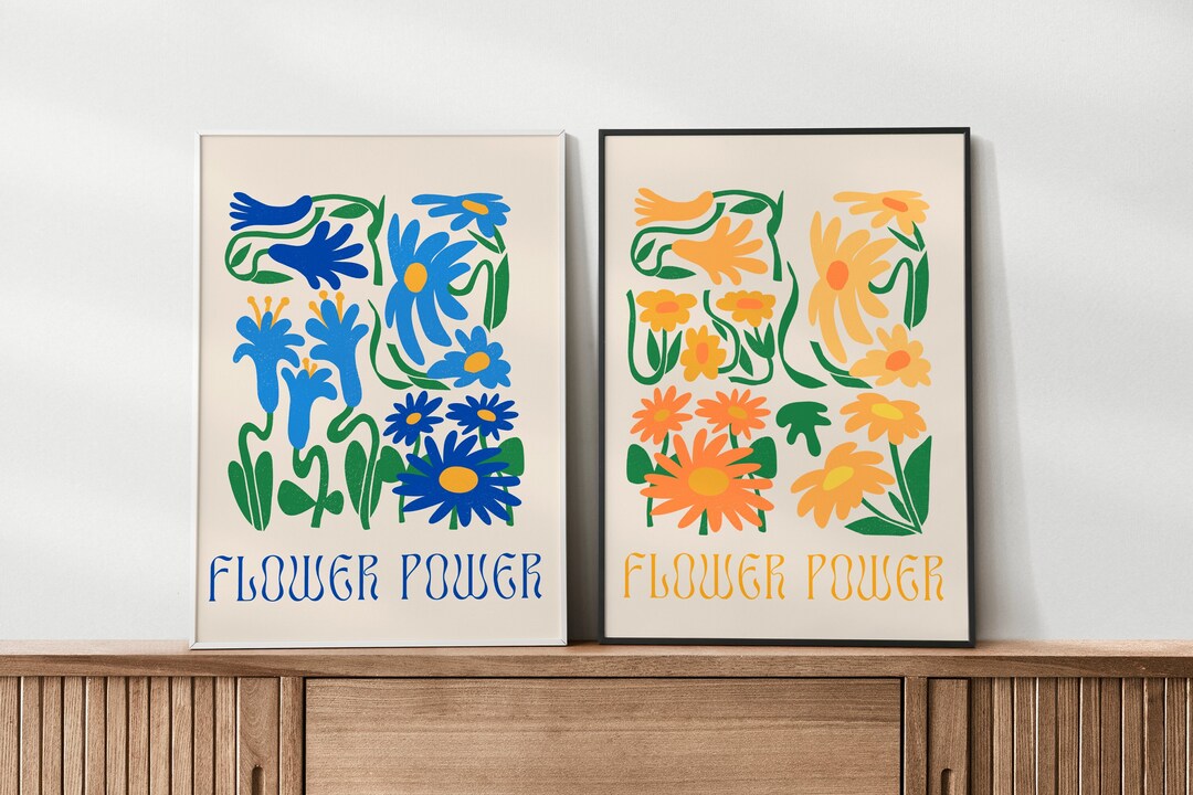 Blue and Orange Floral Posters, Set of 2 Printable Posters, Digital ...