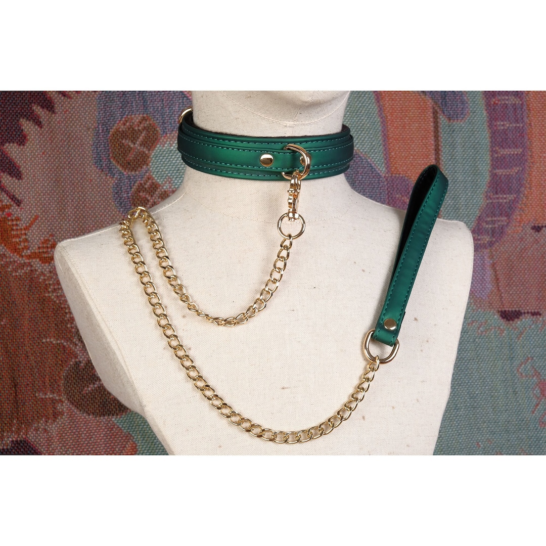 Green Collar and Leash for Woman Sub/leather Choker/day Collar Sub Discreet/vegan BDSM Collar ...