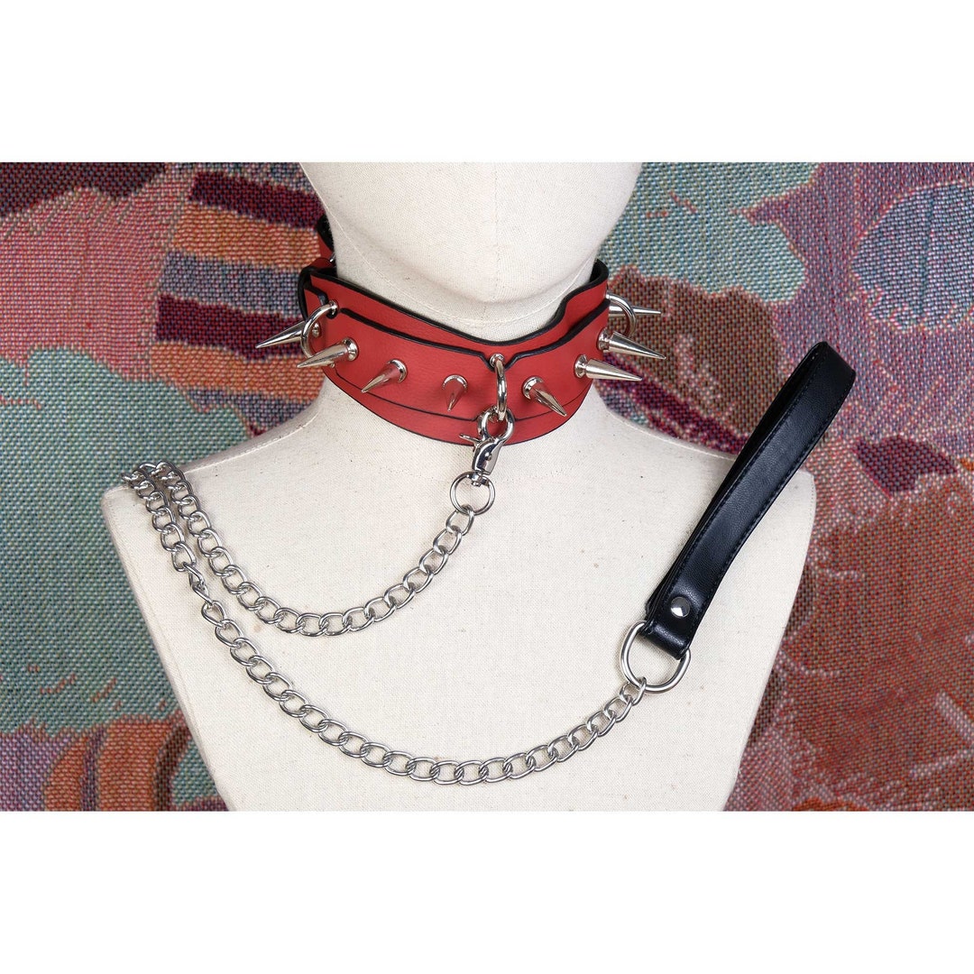 Red BDSM Bondage Collar/human Collar and Leash Sub/spiked Choker/spike ...
