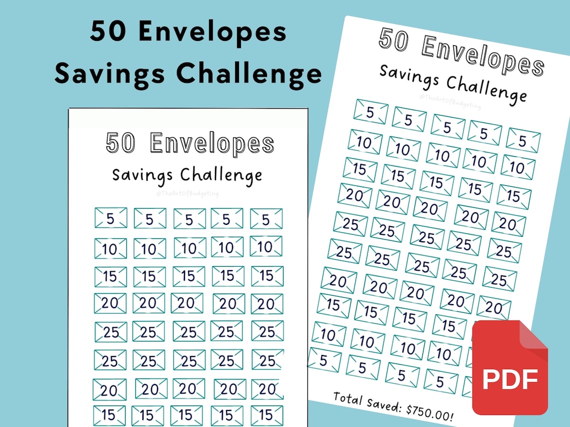 Printable 50 Envelope Savings Challenge Tracker Instant Download Low ...