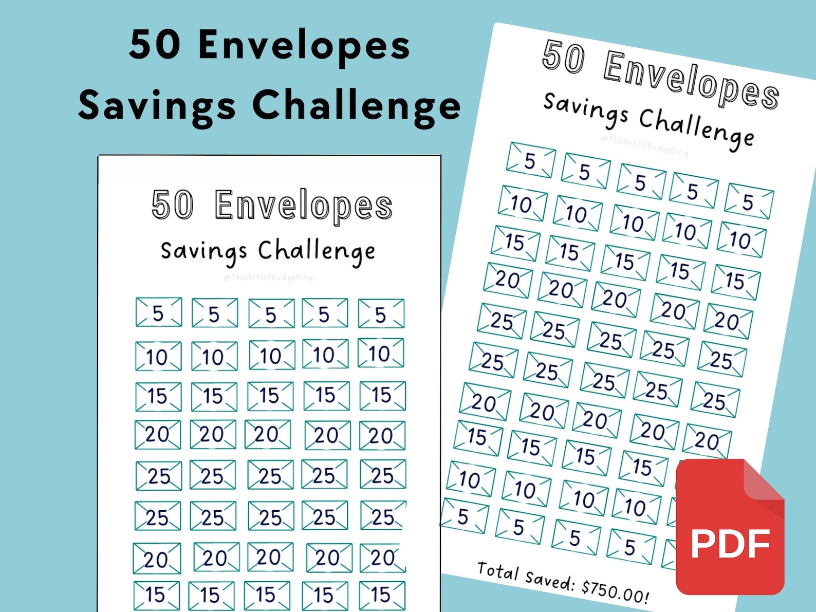 Printable 50 Envelope Savings Challenge Tracker Instant Download Low ...