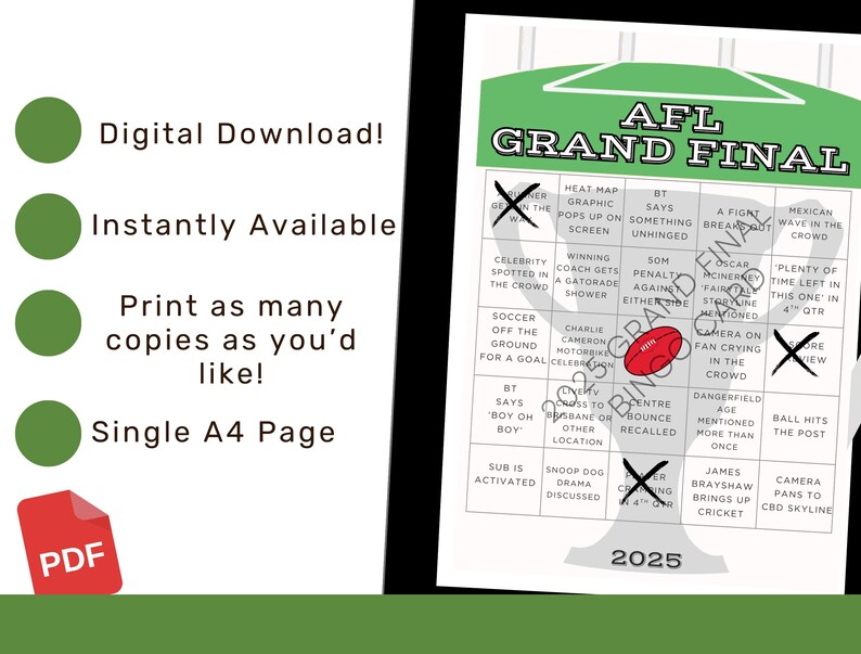 2025 Grand Final Bingo | Australian Football League Bingo | Geelong Vs ...