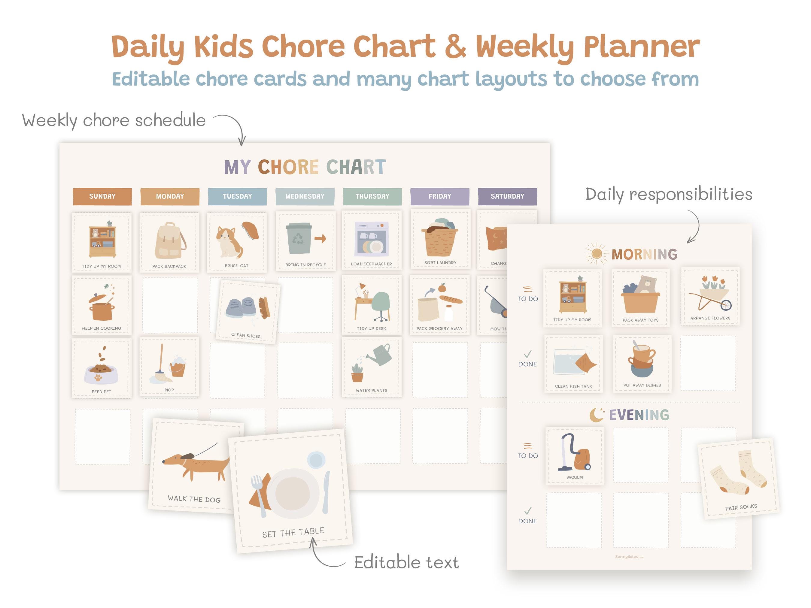 Kids Chore Chart Homeschool Planner Editable Routines Cards Printable ...