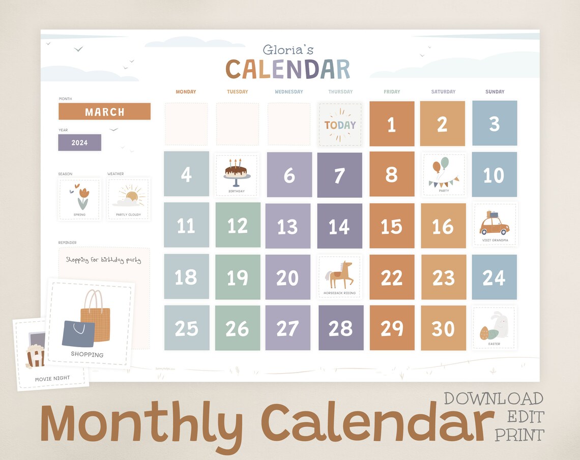 Editable Monthly Calendar Printable, Visual Schedule for Toddlers ...