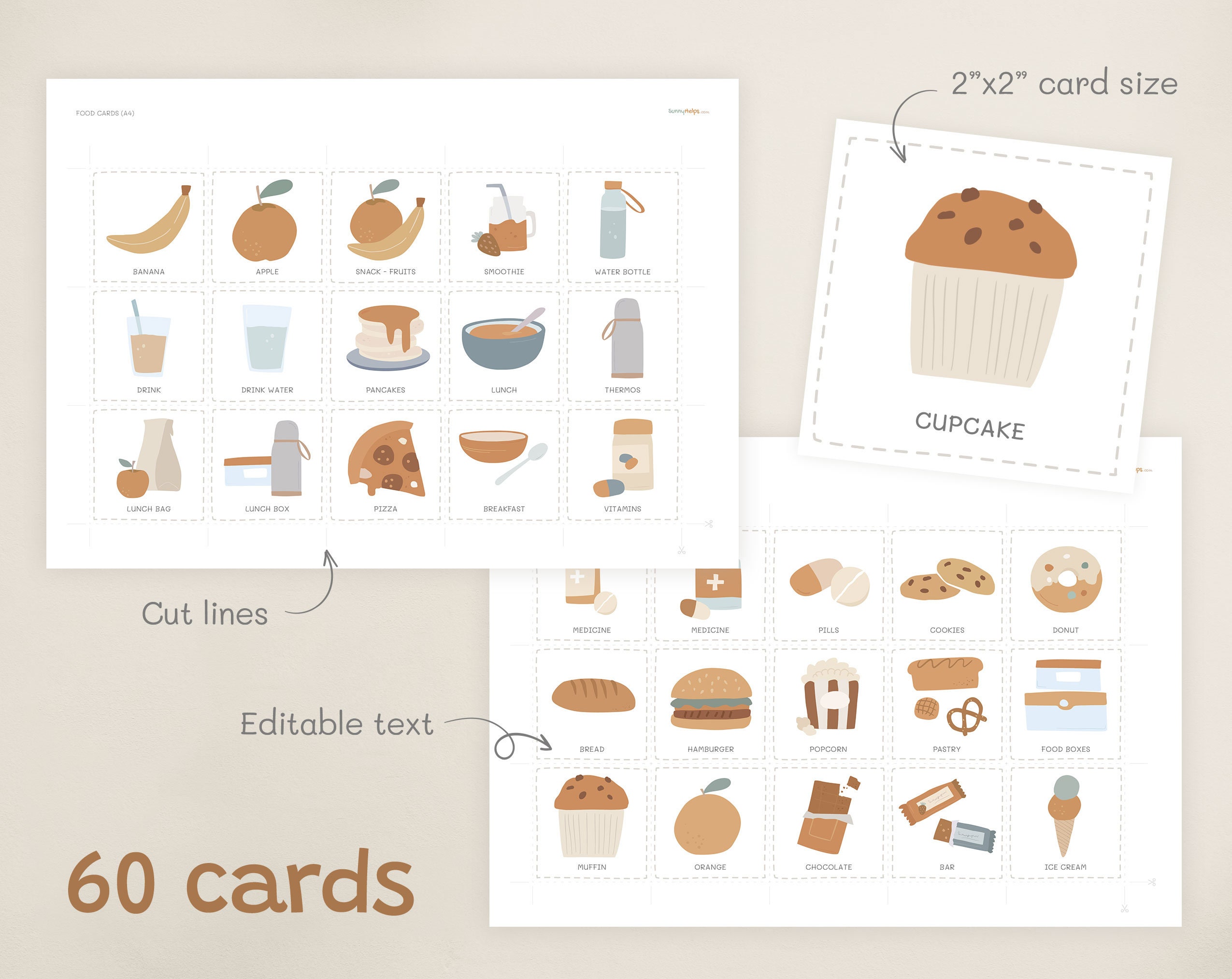 60 Food Flashcards, Printable Food Cards for Kids, Treats Fruits,drinks ...