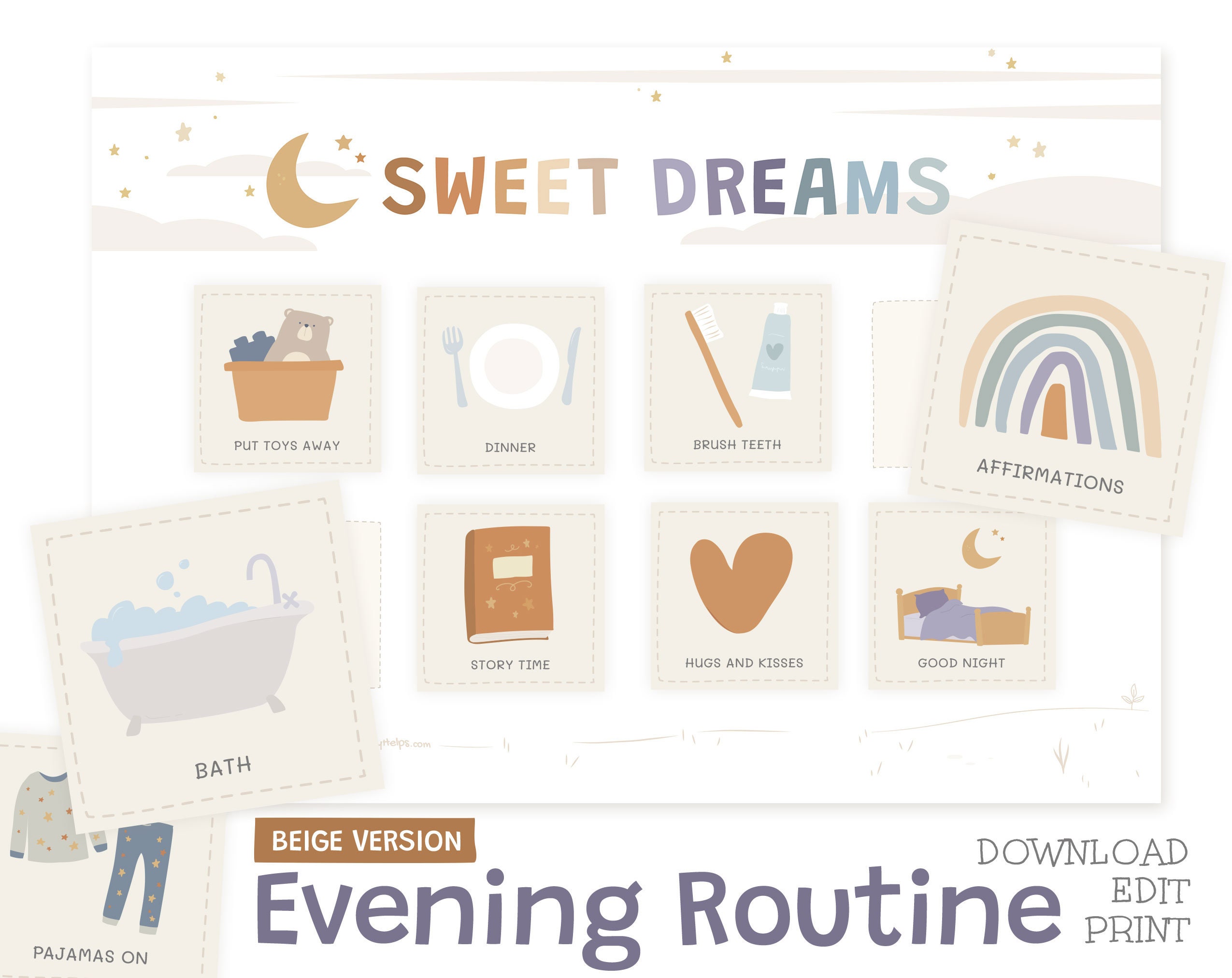 Bedtime Routine Charts and Cards, Toddler Routine Chart, Editable ...