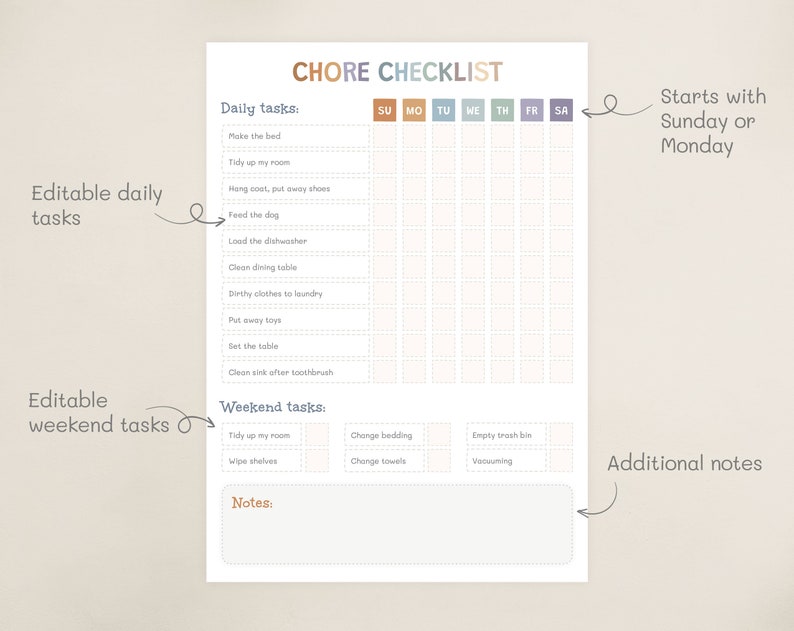 Chore Checklist for Kids Printable, Visual Chore Chart, Editable Chore ...