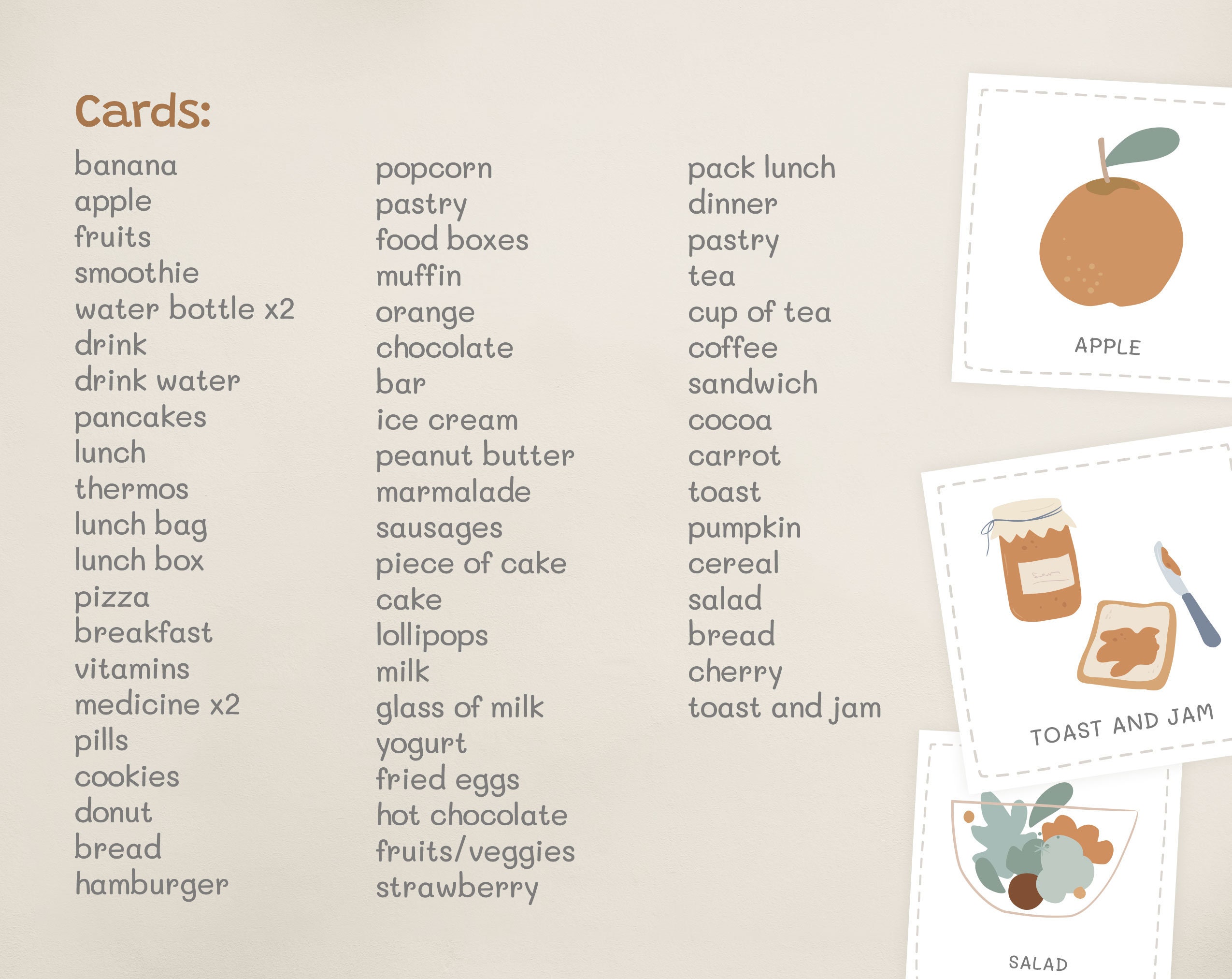 60 Food Flashcards, Printable Food Cards for Kids, Treats Fruits,drinks ...