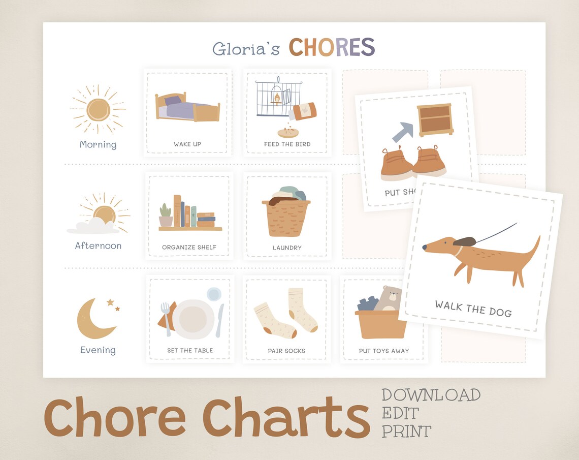 Chore Chart for Kids Printable / Editable Routine Charts and Cards ...