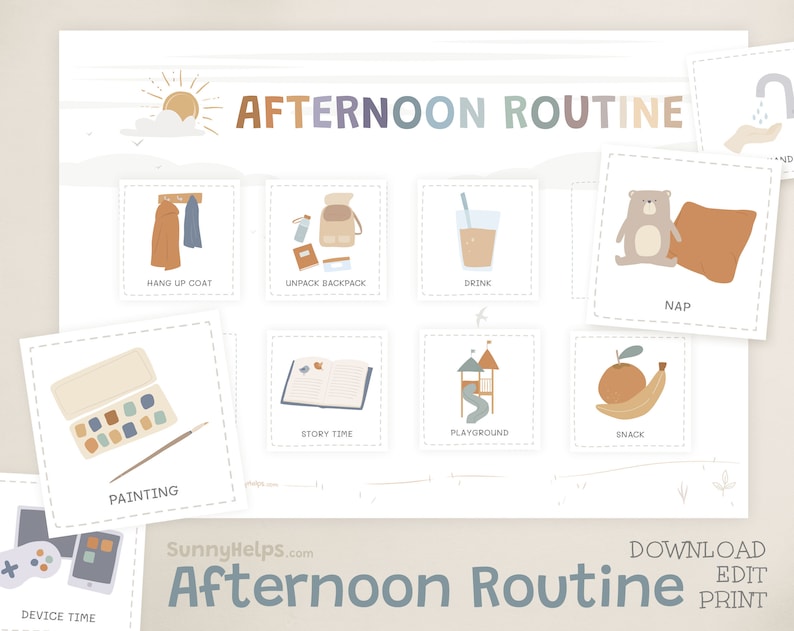 Afternoon Routine Charts and Cards, Editable Kids Schedule, Printable ...