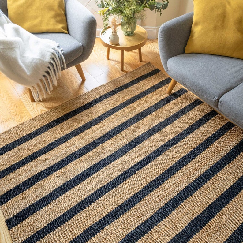 Natural Jute Black Stripe Living Area Rug Large Sisal Bedroom Dining ...