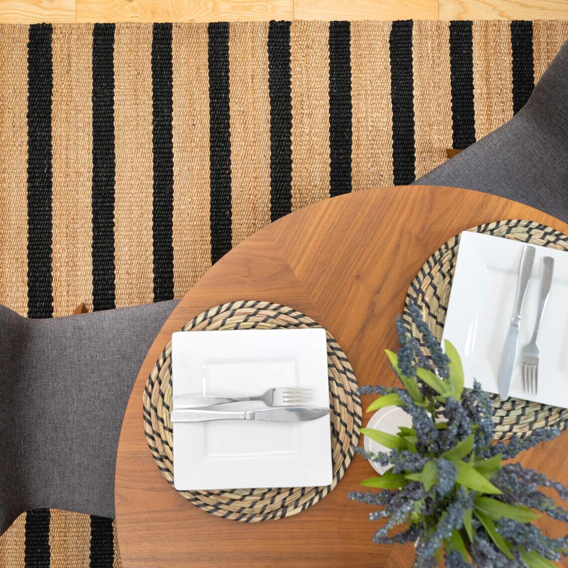 Natural Jute Black Stripe Living Area Rug Large Sisal Bedroom Dining ...