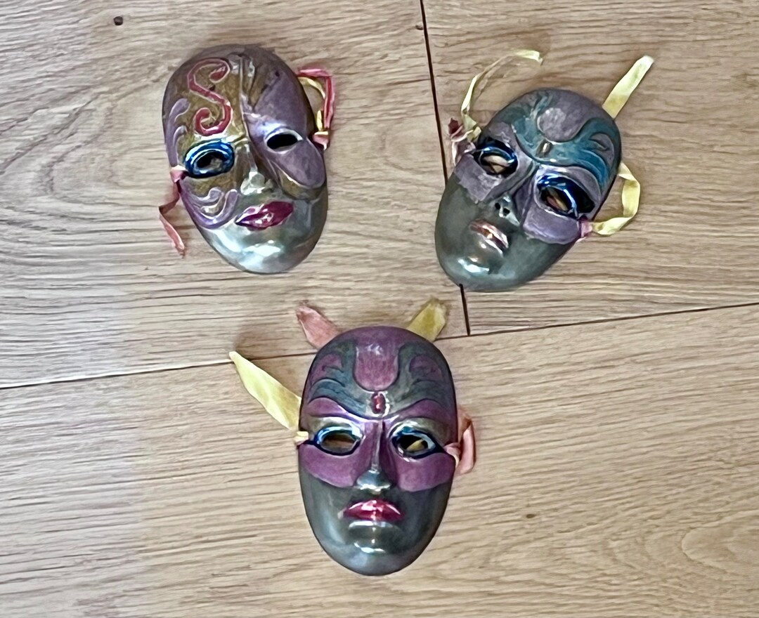 A Set of 3 Miniature Metal and Enamel Venetian Masquerade Mask Wall ...
