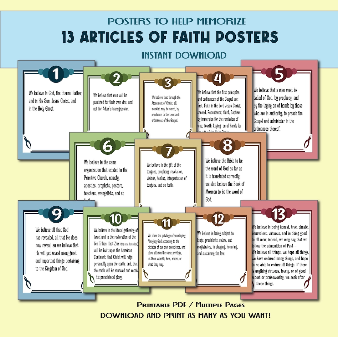 LDS 13 Articles of Faith 8.5 by 11 Digital Printable Individual Posters ...