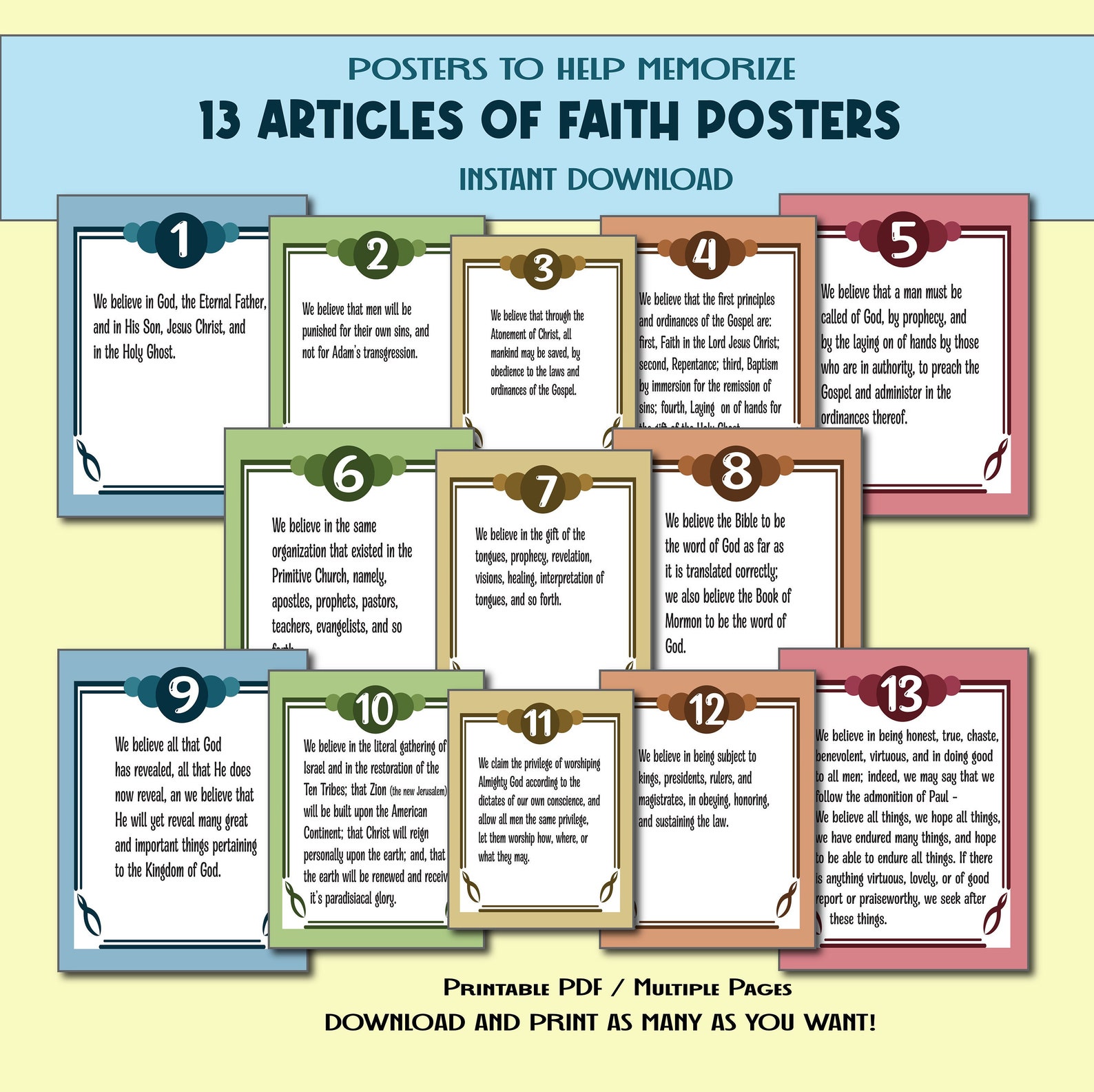 LDS 13 Articles of Faith 8.5 by 11 Digital Printable Individual Posters ...