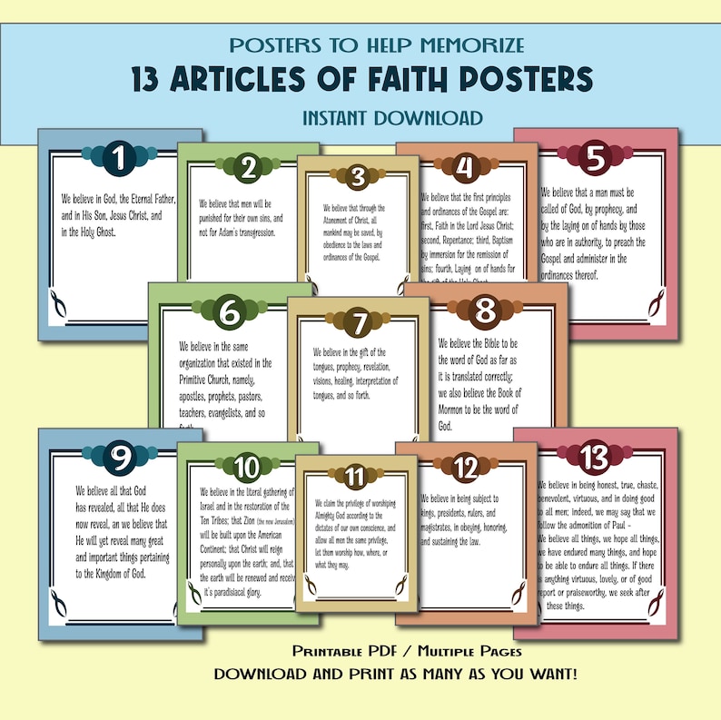 LDS 13 Articles of Faith 8.5 by 11 Digital Printable Individual Posters ...