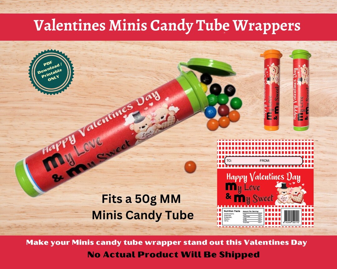 Valentines Minis Chocolate Candy Tube Red Wrapper Template. Fits a 50g ...