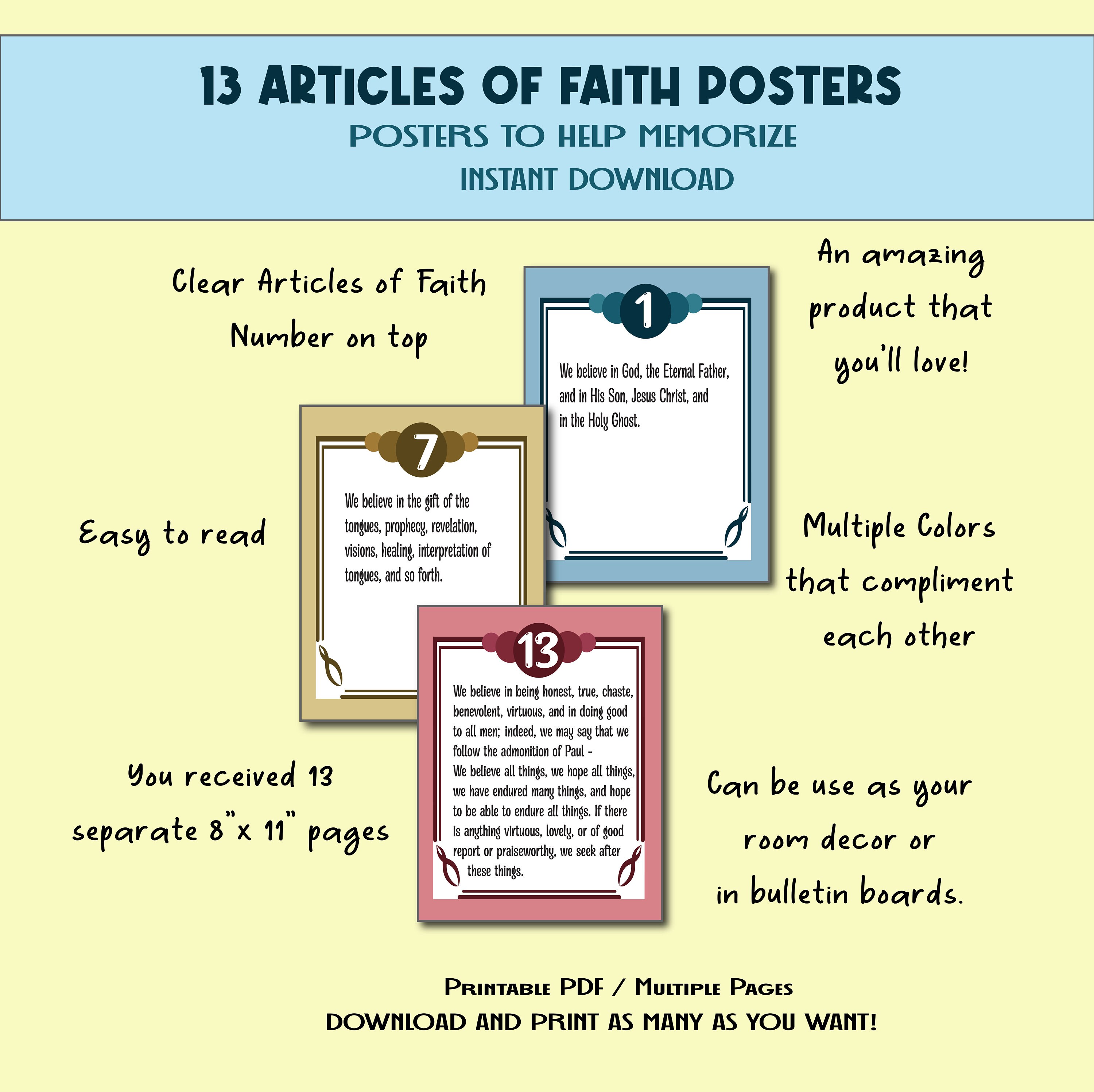 LDS 13 Articles of Faith 8.5 by 11 Digital Printable Individual Posters ...