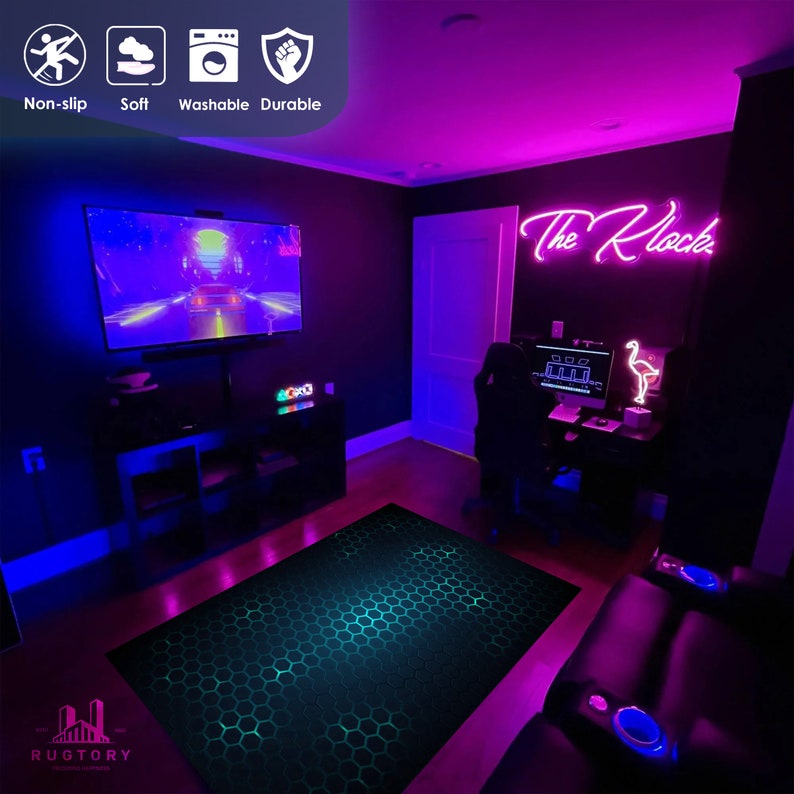 Gamer Rug Cool Neon Hexagons Rug Gaming Decor Gaming Rug - Etsy