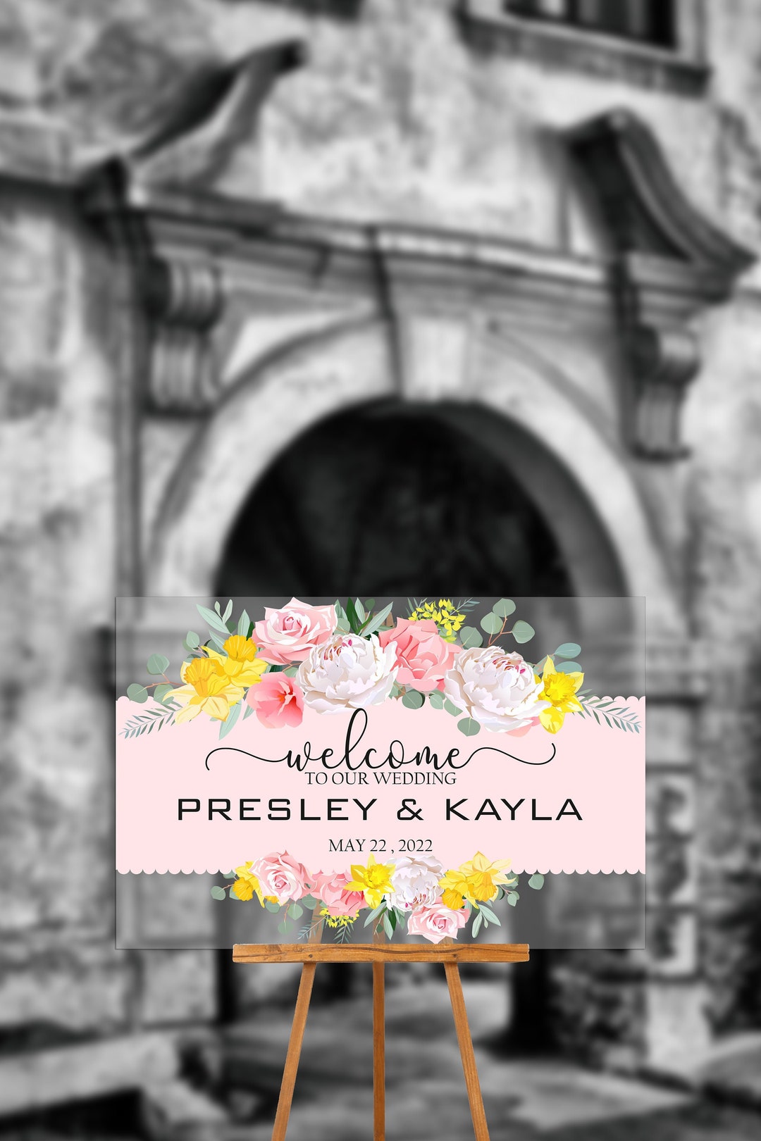 Clear Acrylic Wedding Sign, Pink and Yellow Flowers Acrylic Welcome ...