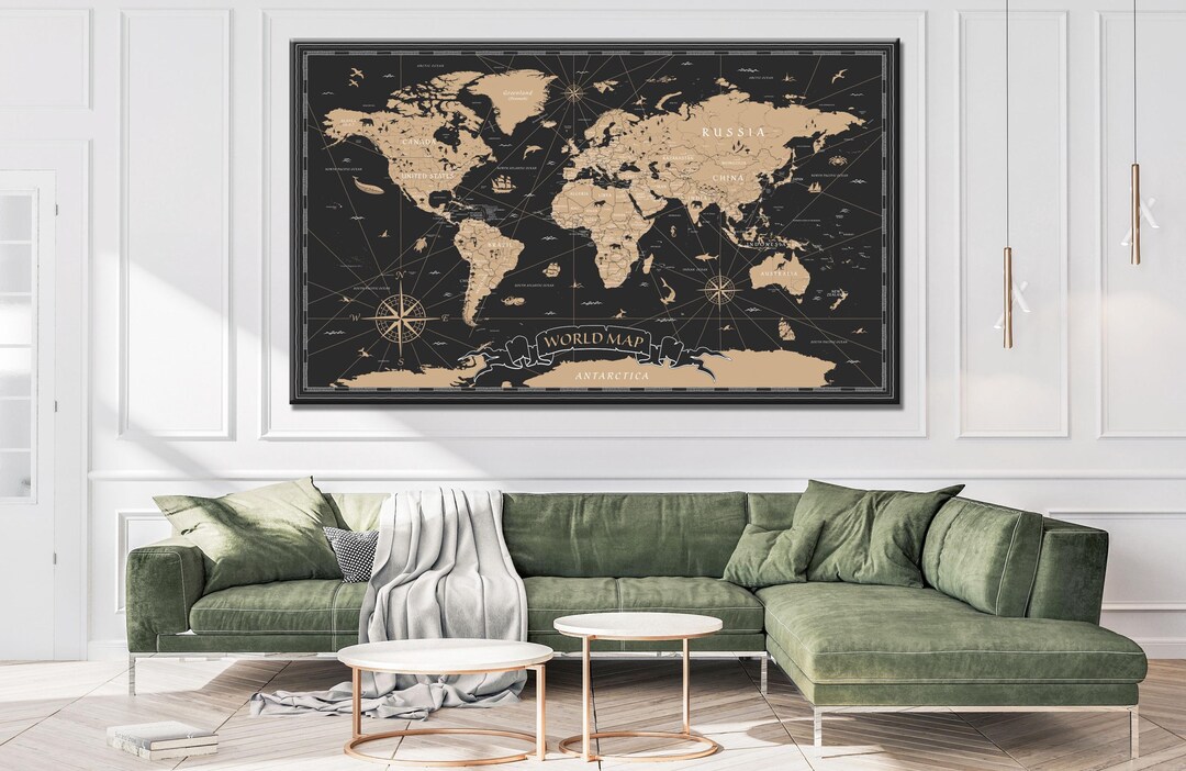 World Map Wall Art | Framed Canvas Map Art | Large World Map ...