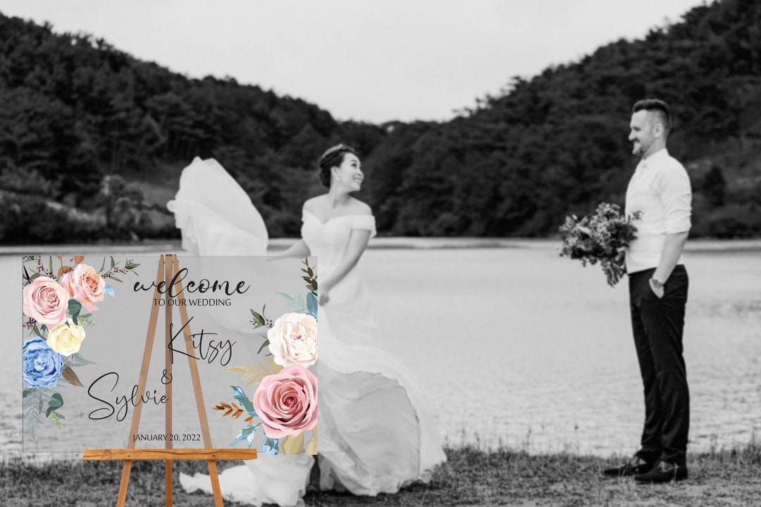 Clear Acrylic Wedding Sign, Blue and Blush Floral Acrylic Welcome Sign ...