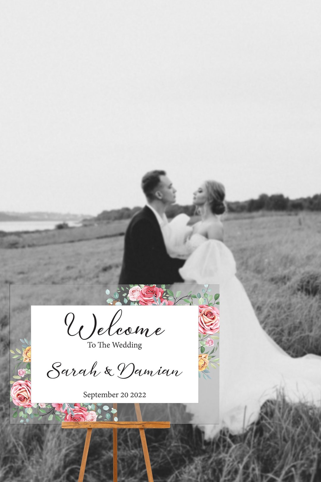 Welcome Wedding Sign - Pink Rose Flowers Welcome Sign - Acrylic Wedding ...