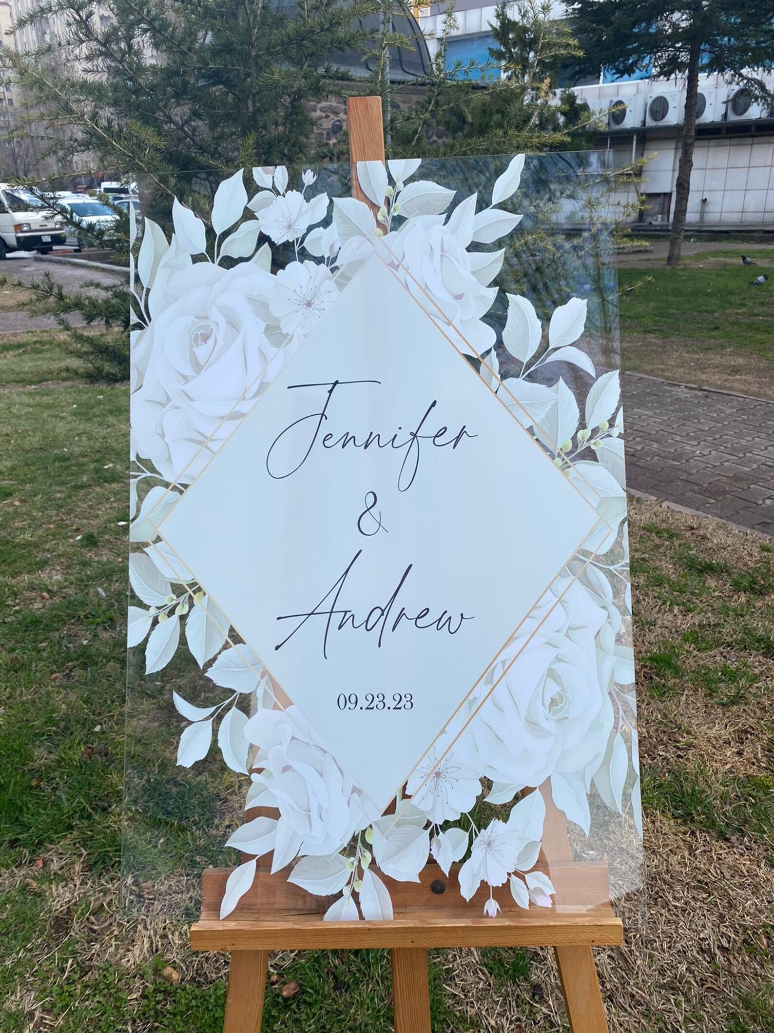 Clear Acrylic Welcome Sign , White Rose Wedding Sign , Customizable ...