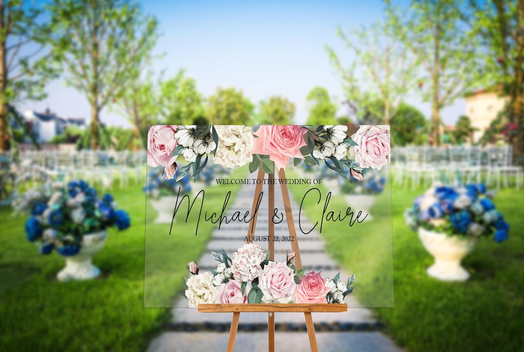 Pink Floral Wedding Welcome Sign, Clear Event Signage for Weddings ...