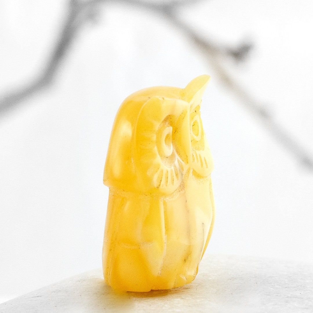 Amber Owl Figurine, Genuine Baltic Amber Hand Carved Tiny Owl Sculpture ...